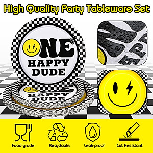 Norme 344 Pcs One Happy Dude Birthday Decorations Smile Face Party Tableware Serve 24 Guests, Include 7 in 9 in Paper Plates Disposable Knife Fork Spoon Napkins Cup Straw for 1st Birthday Baby Shower
