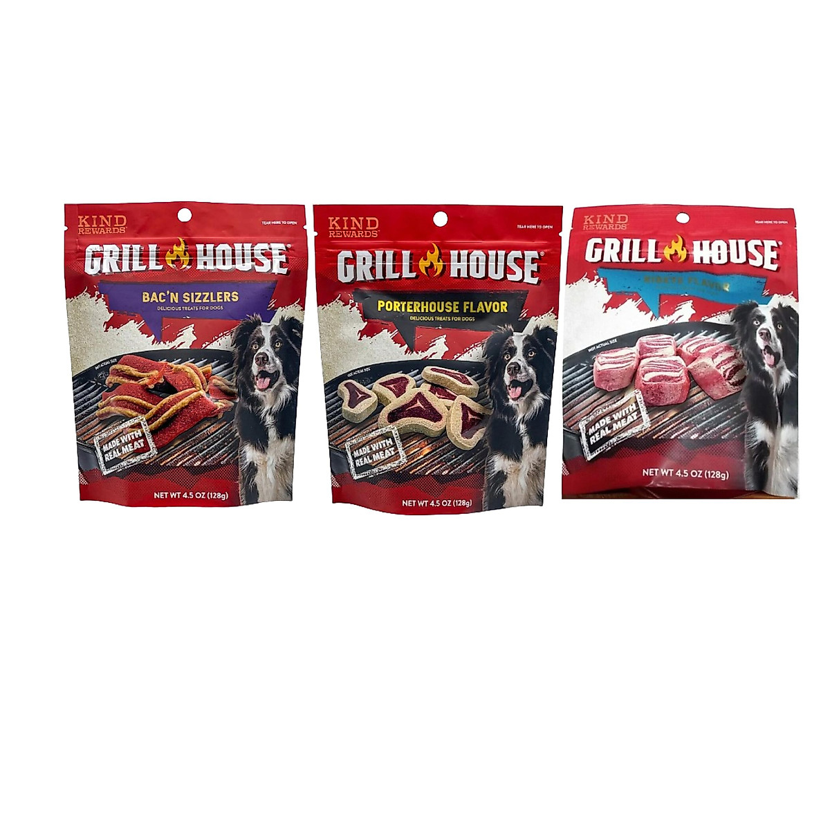 Bumpazie Grill House Bac'n Sizzlers Dog Treats, 4.5 oz. with Grill House Porterhouse Flavor Dog Treats, 4.5 oz and Grill House Ribeye Flavor Dog Treats, 4.5 oz.
