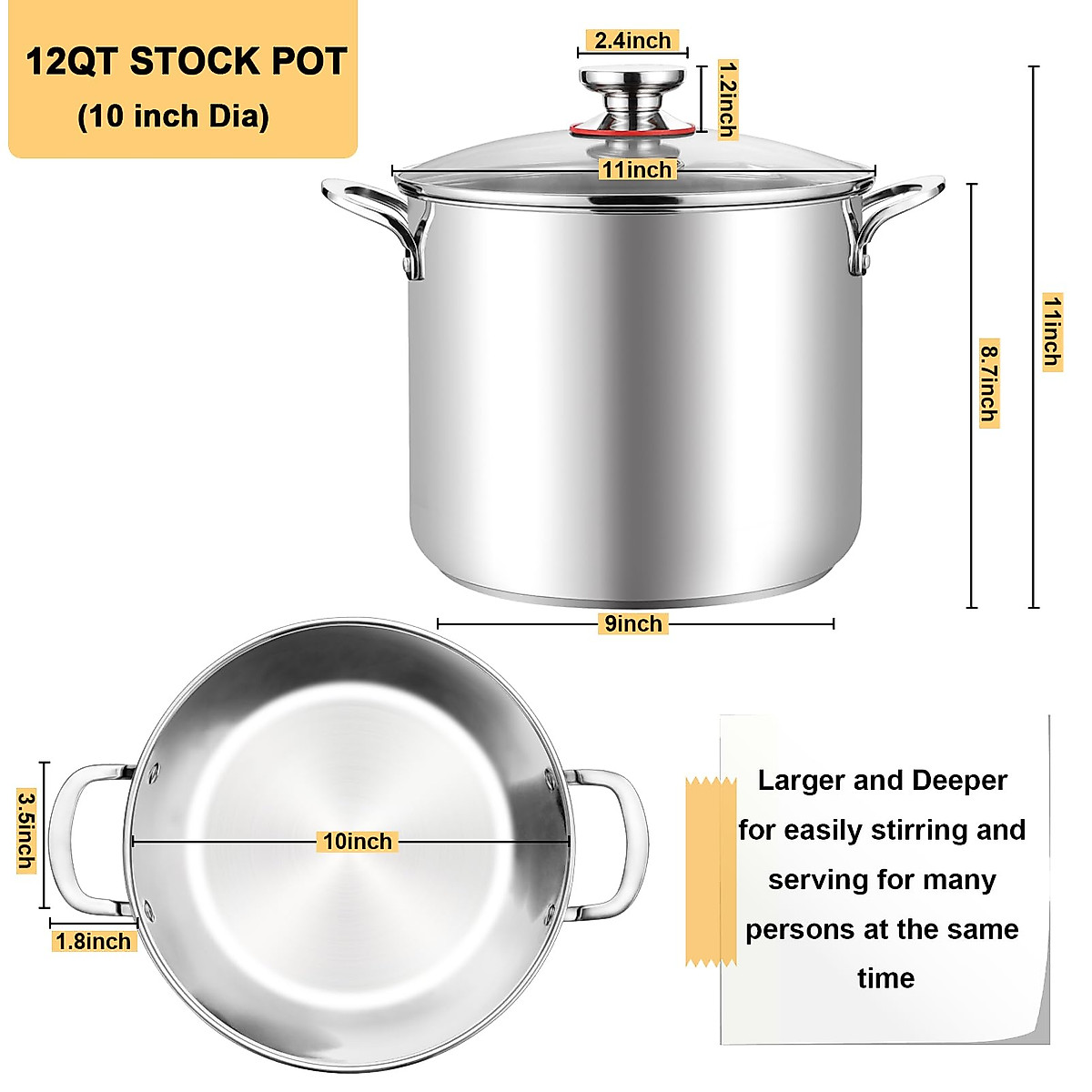 TeamFar 12 Quart Stock Pot, 18/10 Stainless Steel Large Cooking Soup Pot with Lid for Simmering/Stewing, for Induction/Gas/Ceramic, Healthy & Heavy-Duty, Riveted Handles & Dishwasher Safe