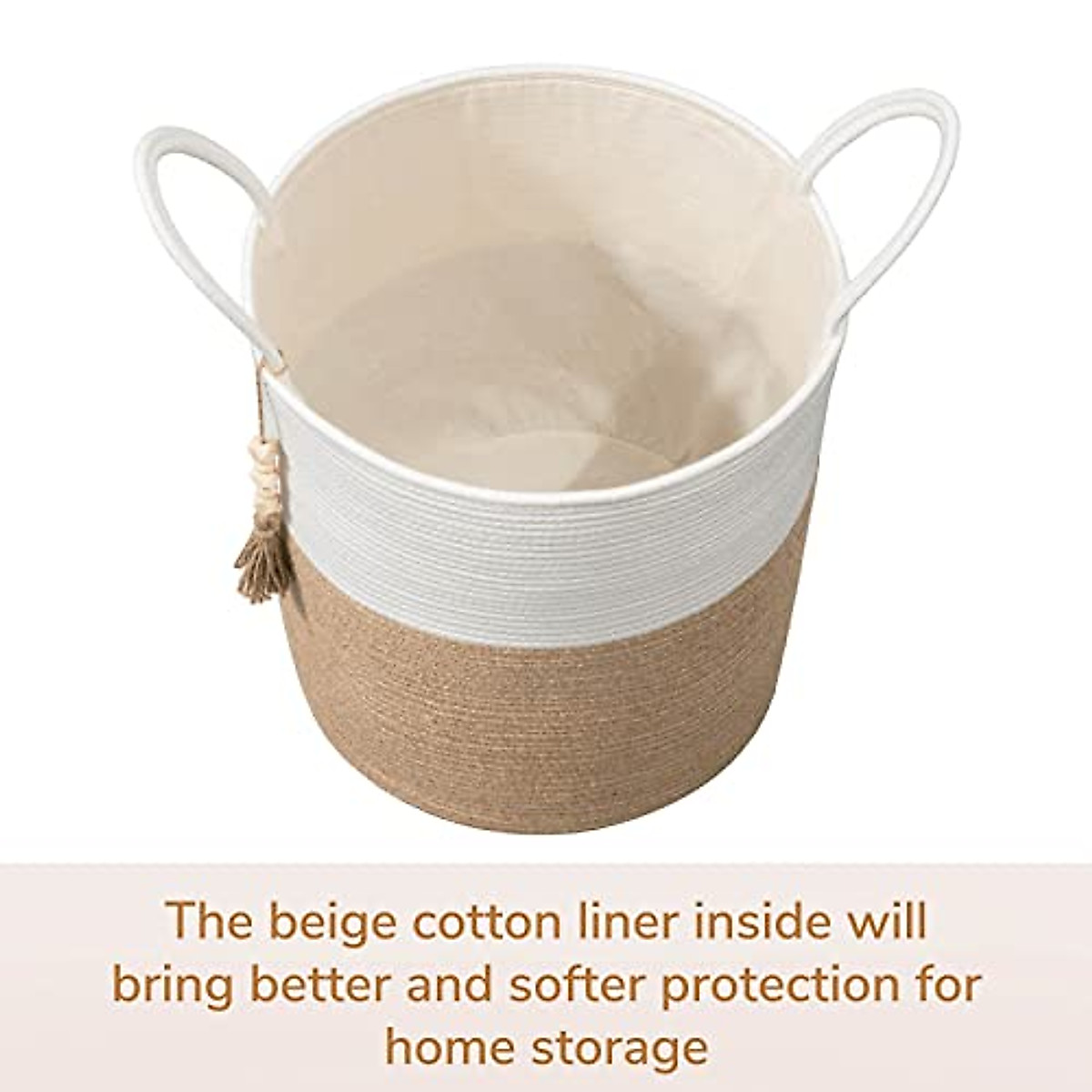 CherryNow Wicker Laundry Basket Tall Woven Hamper, Blanket Storage Basket for Living Room, Entryway, Toy Basket for Nursery, Decorative Clothes Hamper for Bedroom, White & Jute, 51L, 15 x 17.7 inches