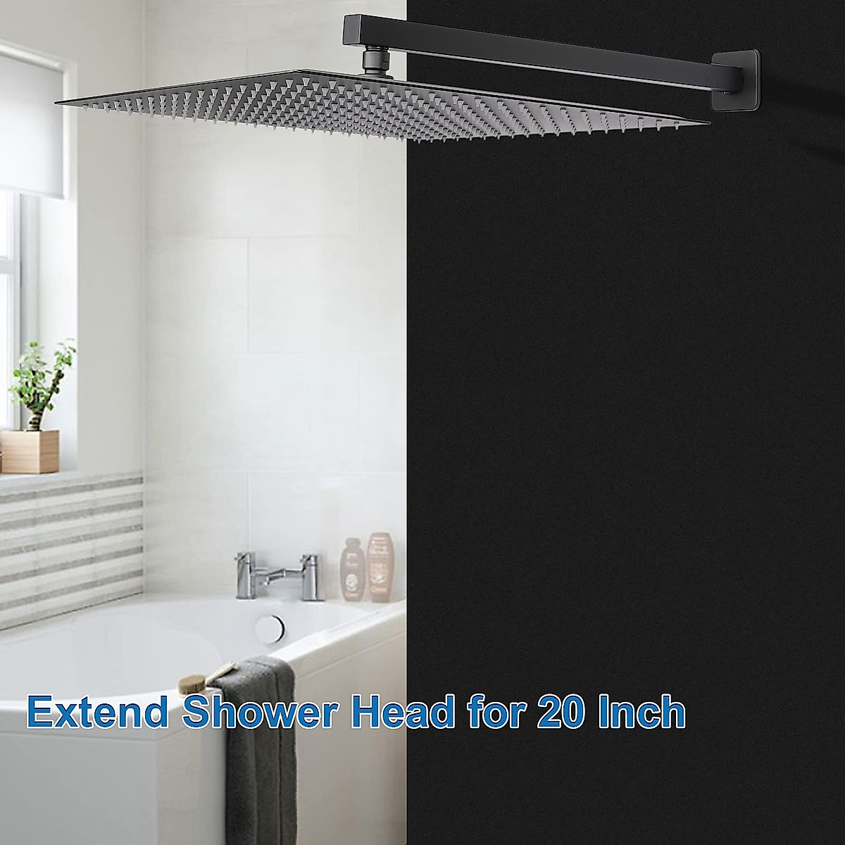 HarJue Shower Arm, Rain Shower Head Extension Extender, With Flange and Teflon Tape, Made of Thicken Stainless Steel for Bathroom Rainfall Showerhead (20 Inch, Matte Black)