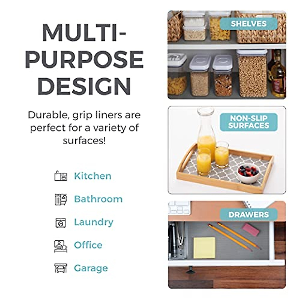 Home Genie Slip Resistant Removable Smooth Durable Drawer and Shelf Liner, Non Adhesive, Roll, Décor Kitchen Cabinet Shelves Liners, Stain Protection, Drawers, Desks, 12 Inch x 10 FT, Slate Gray