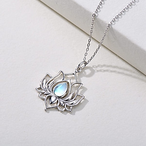 Moonstone Lotus Necklaces for Women,925 Sterling Silver Lotus Pendant Necklace with Rainbow Moonstone, Sterling Silver, Moonstone