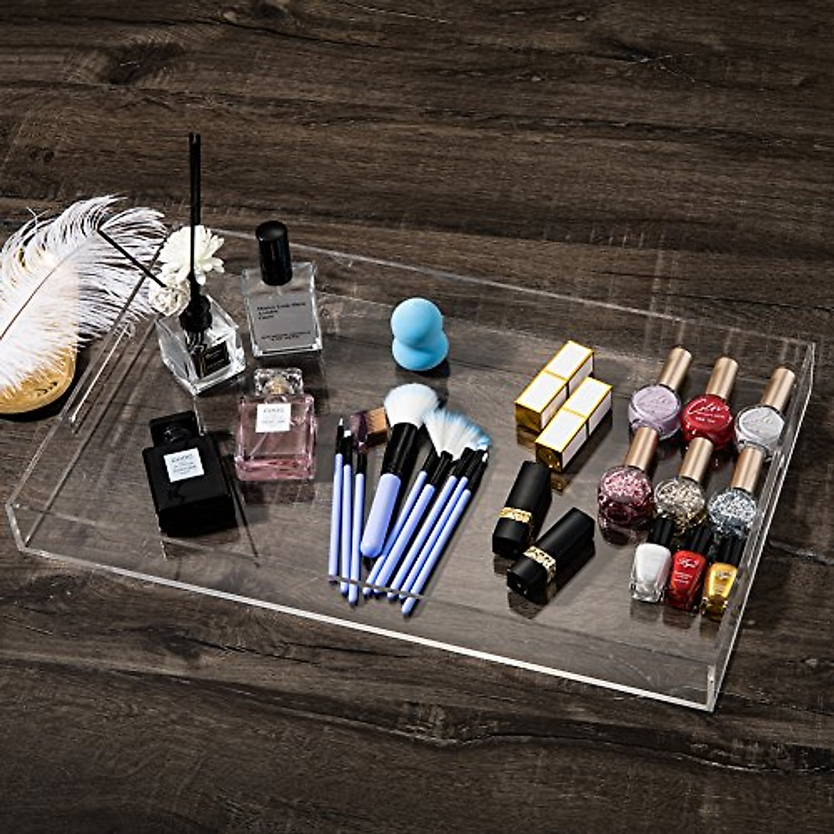 Sooyee Acrylic 16" x 12" Plastic Tray for Coffee Table,Kitchen,Bathroom,Food,Vanity Countertop,Large Ottoman Decorative, Serving Tray with Handles,Clear