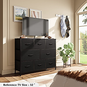 WLIVE Fabric Dresser for Bedroom, Storage Drawer Unit, Bedroom Dresser TV Stand for 32 40 43 inch TV, Wide Dresser with 8 Large Deep Drawers for Office, College Dorm, Charcoal Black