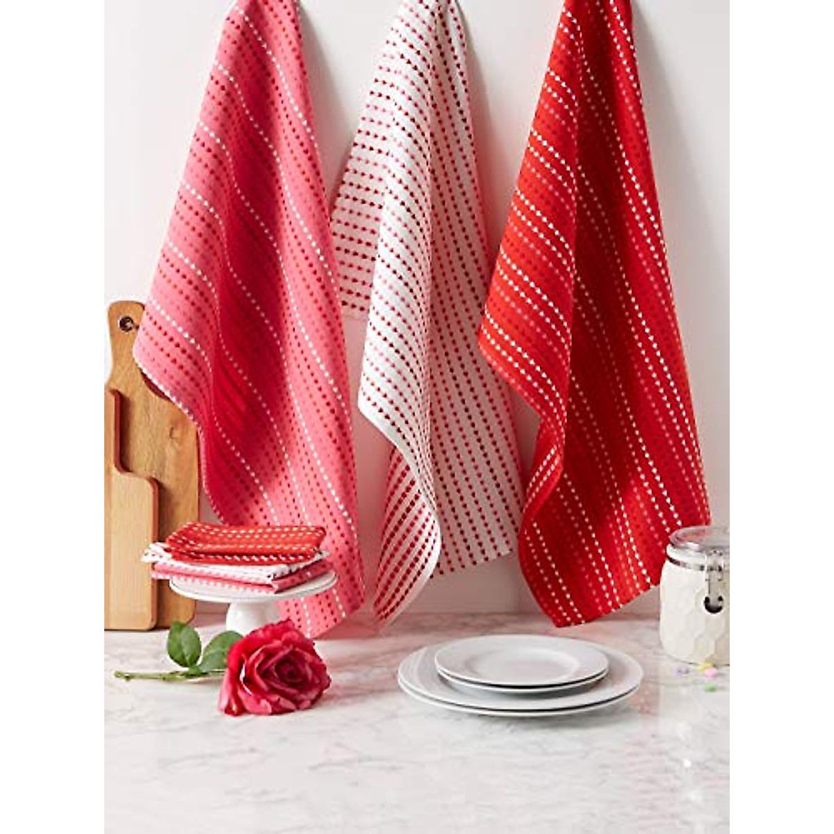 DII Valentine's Day Collection Kitchen, Dishtowel/Dishcloth Set, Hearts Dobby Stripe, 6 Piece