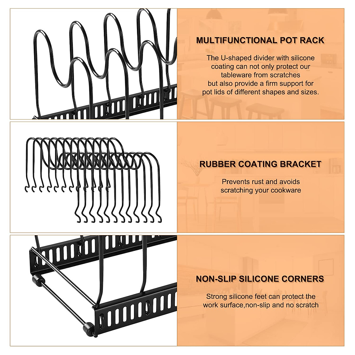 aceyoon Expandable Pots and Pans Organizer Under Cabinet with 10 Adjustable Compartment, Kitchen Pot Lid Organizer, Pan Rack Holder for Kitchen Cabinet Pantry Cookware Baking Frying Rack
