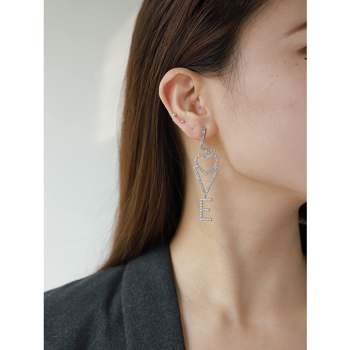 Statement Trendy Earrngs with Strass,Kitsch Style Dangle Earrings with LOVE and Heart Icons Pendant(LONG) (LOVE)