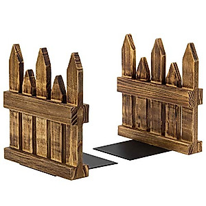 MyGift Rustic Burnt Brown Solid Wood Decorative Bookends with Picket Fence Design, Country Home Style Office Desk Book Stand Shelf Decoration, 1 Pair