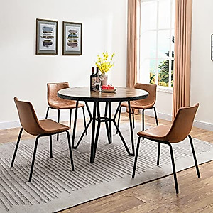 JESONVID Round Industrial Wood Dining Room Table for 6 Person 48in Mid Century Kitchen Dining Table with Black Metal Frame and Metal Eedge, Antique Brown+Black 201248RC