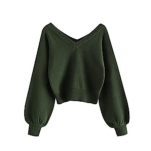 ZAFUL Women's Cropped Sweater V-Neck Long Sleeve Crop Sweater Pullover Jumper Knit Top (1-Green, M)