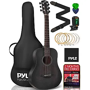Pyle Acoustic Guitar Kit, 1/2 Junior Size All Wood Steel String Instrument for Beginner Kids, Adults, 34" Black Matte