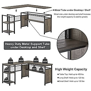 FATORRI L Shaped Computer Desk, Industrial Home Office Desk with Shelves, Rustic Wood and Metal Corner Desk (Walnut Brown, 59 Inch)