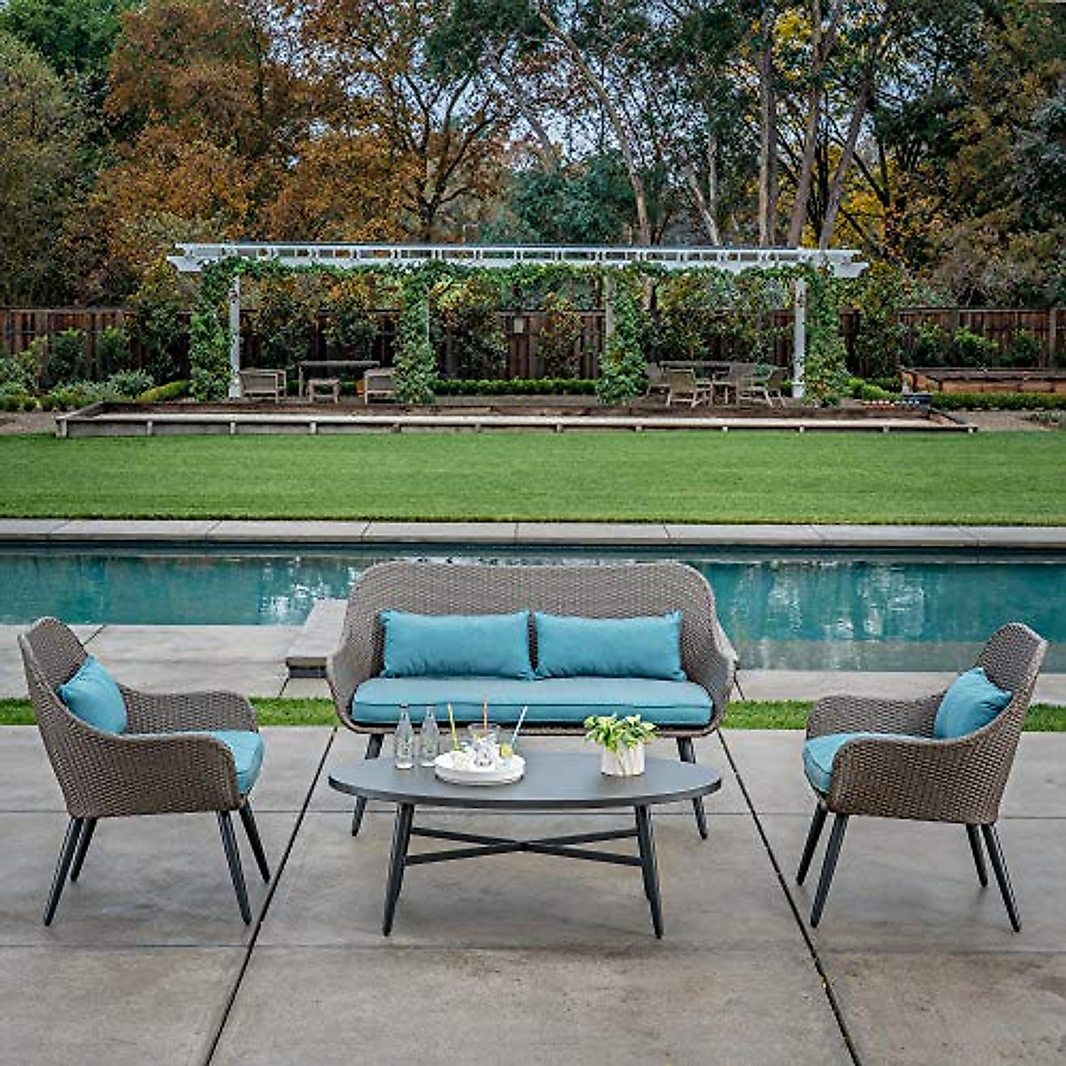 Royal Garden Patio Set - 4 Piece Patio Set - Deep Seating Wicker Outdoor Patio Set - Waikiki Collection - Conversation Set Patio Furniture - Grey/Teal