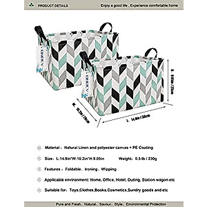 ONOEV 2 Pack Rectangular Fabric storage box,decorative basket and finishing basket with handle are used for the storage of clothes,books and sundries(2 Pack Green geometry)