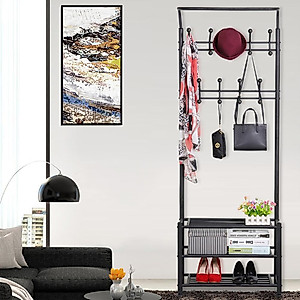 Yaheetech Metal Coat Rack Shoe Bench, 3-in-1 Hall Tree, Entryway Shoe Bench with Coat Hat Umbrella Rack 18 Hooks, Black