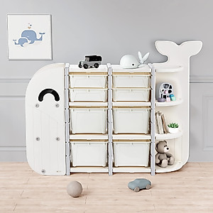 DUKE BABY Kids Large 4 Layer Toy Storage Organizer with 8 Pull-out Storage Bins, Display Bookshelves, Multipurpose Toy Cabinets for Kids Playrooms Bedrooms Age 1-12, Whale Collection White Grey