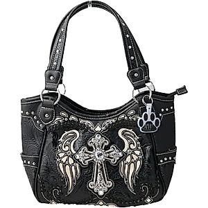 HW Collection Western Purse Rhinestone Cross Angelic Wings Women Handbag Wallet Set (Black)