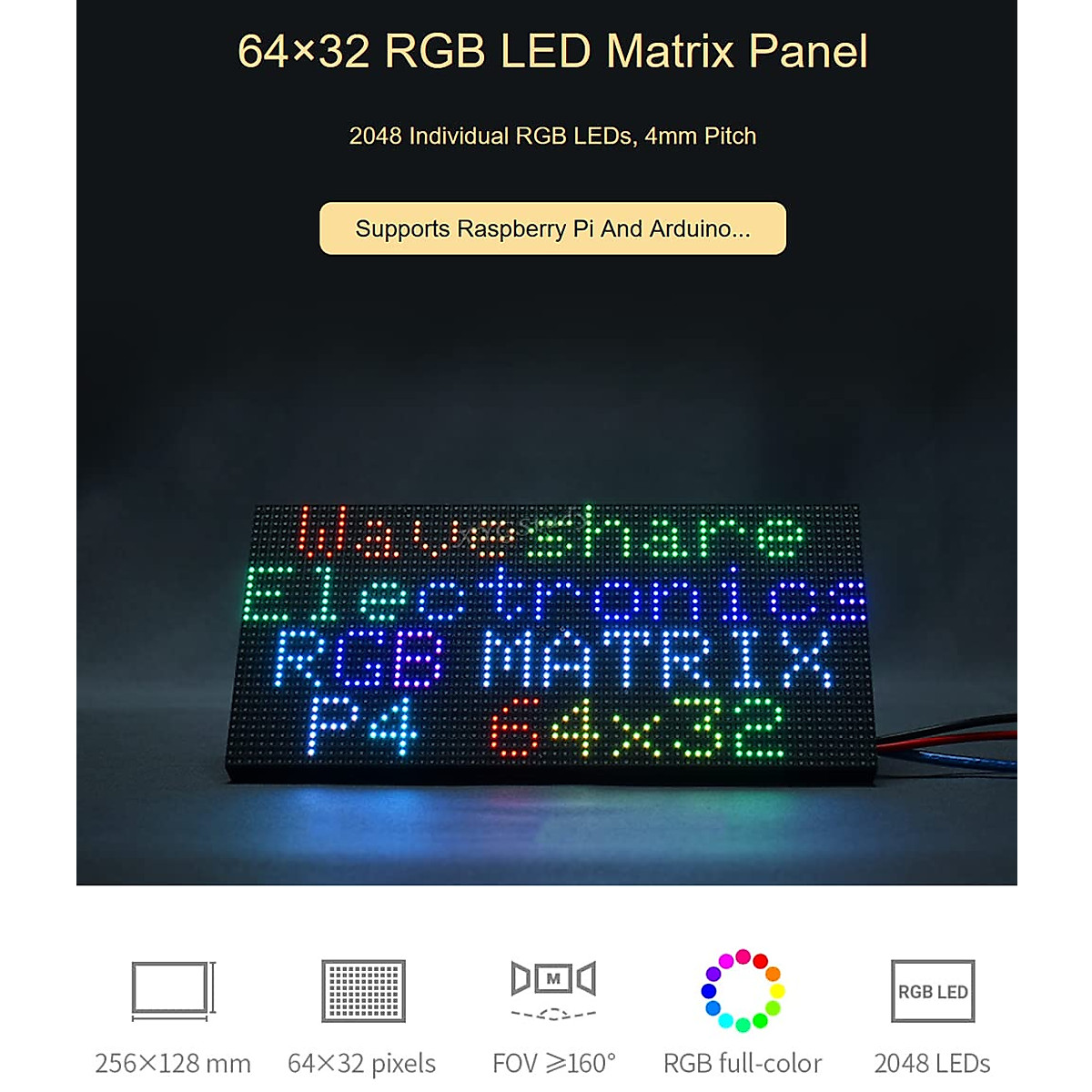 RGB Full-Color LED Matrix Panel Pitch 4mm Pixels 64×32 with 2048 Individual RGB LEDs Adjustable Brightness for use with Raspberry Pi etc @XYGStudy (RGB-Matrix-P4-64x32)