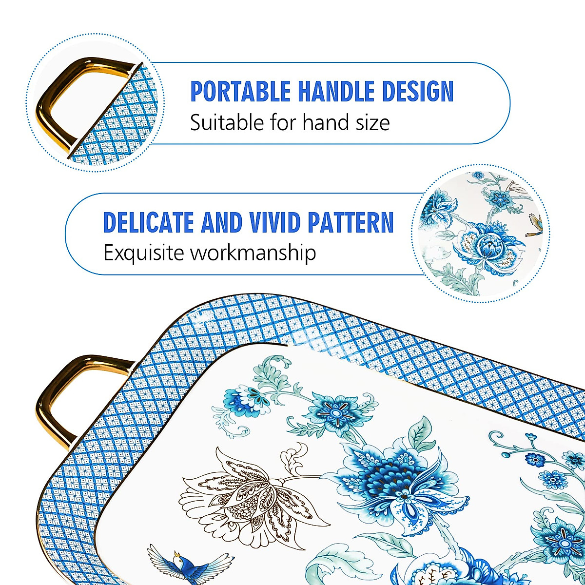 ACMLIFE Tea Serving Tray Set, 21 inches Bone China Tray Tea Tray with Handles, Blue Fine Ceramic Decorative Serving Tray Platter with Golden Rim for Tea Sets, Living Room, Gift (Light Blue)