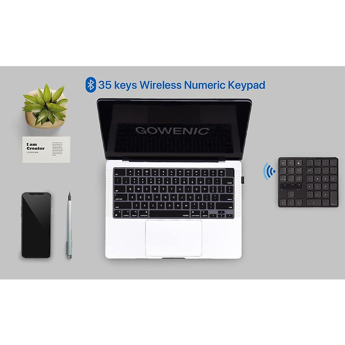 GOWENIC Wireless Numeric Keypad, 35 Key Bluetooth Number Pad, 2.4G Wireless Ergonomic Design Silent Rechargeable One Handed Gaming Keyboard for Laptop, Computer, Desktop