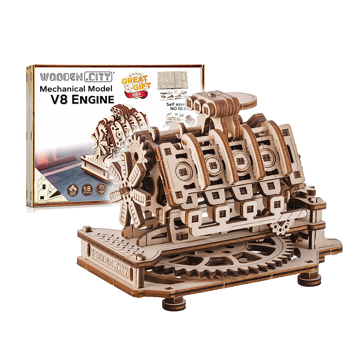WOODEN.CITY Wood Engine Model Kit 3D Puzzle - 3D Wooden Puzzle Model Engine Kit for Adults - V8 Engine Model Kit That Works 3D Wooden Puzzles for Adults - Model Engine Working 3D Wood Puzzles Adult