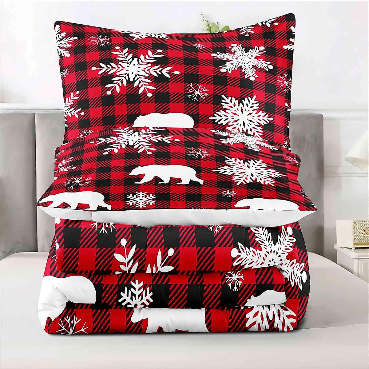 LUVIVIHOME 3PCS Christmas Bear Comforter Set Queen Size, White Snowflake Red Black Plaid Xmas Holiday Cabin Christmas Bedding for Kids Girls Boys, Christmas Bedroom Decor, 2 Pillow Shams