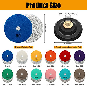 13 Packs 4 Inch Diamond Polishing Pads with Backer Pad, COITEK Wet/Dry Polish Pad Kit for Drill Grinder Polisher 50-8000 Grit Pads for Granite Marble Concrete Polishing