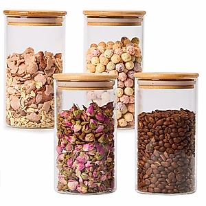 EZOWare 4 x Storage Jars Containers Organizer with Airtight Bamboo Wood Lid for Food Preservation Tea Coffee Sugar Flour Beans, Borosilicate Glass – 700 ml