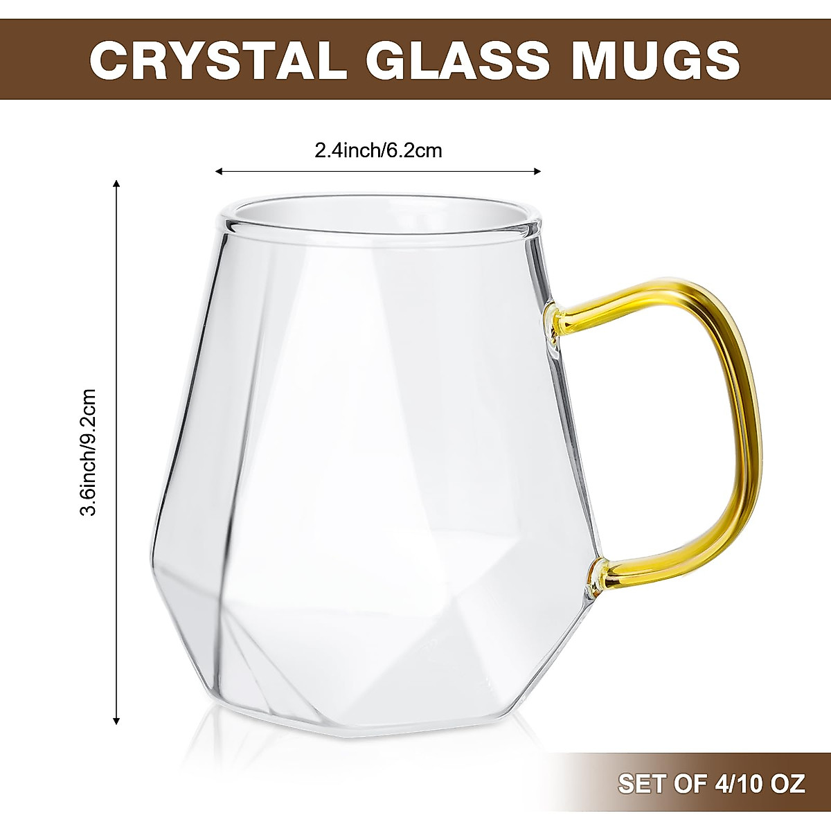 Patelai 4 Pieces Glass Coffee Cups with Handle, 10 oz Glass Clear Coffee Mugs for Hot Espresso Liquor, Microwave Safe Tea Cups Glass Set Gift, Diamond Design(4 Pieces)