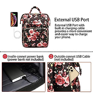 Goodsnetic Laptop Backpack for women Cute Laptop Bag Computer Bag Floral Laptop Purse with USB Charging Port, 15.6-Inch,2 PCS, Black