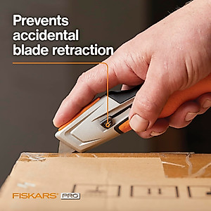 Fiskars Pro Retractable Utility Knife, Heavy Duty Box Cutter with CarbonMax Long-lasting Snap Blade, and Easy Hinge Open with Quick Blade Change and Storage, Orange/Black