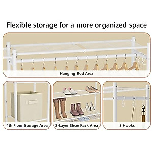 Wardrobe Closet,Portable Clothes Rack with 4 Tiers Shelves,Freestanding Closet Organizers and Storage System with Hanging Rods,Steel Clothing Rack Suitable for Cloakrooms,Bedrooms,Entrances,etc.White