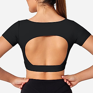 YEOREO Women Open Back Tee Crop Tops with Removable Pad Workout Backless Gym Shirt Bra Going Out T Shirt Top