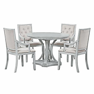 MengK Retro 5-Piece Dining Set Extendable Round Table and 4 Chairs for Kitchen Dining Room(Antique Gray Oak)