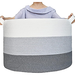 Handmade Large Cotton Rope Storage Basket, Laundry Hamper for Nursery, Woven Rope Laundry Hamper, 87L Laundry Basket for Blankets, Cotton Rope Basket with Handles, Clothes Organizer Grey & White