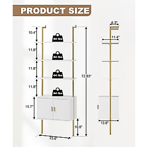 Gadroad 73" Tall Bookshef with Cabinet, Wall Mounted Industrial Ladder Bookcase with Wood and Metal Frame, 5 Tier Plant Shelf Display Storage Shelves for Living Room Bedroom, White Gold
