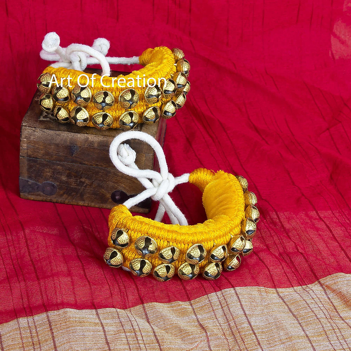 Art Of Creation Dancing Ankle Kathak Ghungroo Pair 40 Bells 2 Lines Handmade Musical Instrument Classical Bharatnatayam Kuchchipudi (Yellow Padded 40 Bell)