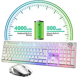 Wireless Rechargeable Keyboard and Mouse Combo,2.4G Full-Size Mechanical Feel Rainbow Backlit Gaming Keyboards with 7-Key 2400DPl Mice for PC Laptop Computer Gamer(White&RGB Light)