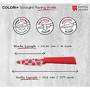 KUHN RIKON Funky Fruit Strawberry Colori+ Non-Stick Straight Paring Knife with Safety Sheath, Stainless Steel, 19 cm,