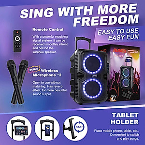 ABRATO Karaoke Machine for Adults & Kids – Bluetooth Speakers with Dual 8" Subwoofer & DJ Lights – Bonus 2 Wireless Microphones - Ideal for Home Party Camping Singing