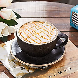 Coffeezone Vintage Design 12 oz Ceramic Latte Art Cappuccino Barista Cup with Saucer (Rough Black)