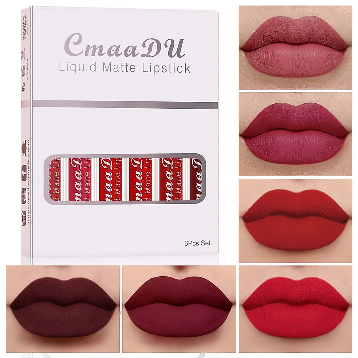 evpct CmaaDu 6Pcs Liquid Matte Lipstick Lipgloss Set for Women Dark Deep Bright Ruby Blood Brick Plum Mauve Rose Red labiales mate 24 horas originale matte larga duracion 24 Hour Lipstick Long Lasting