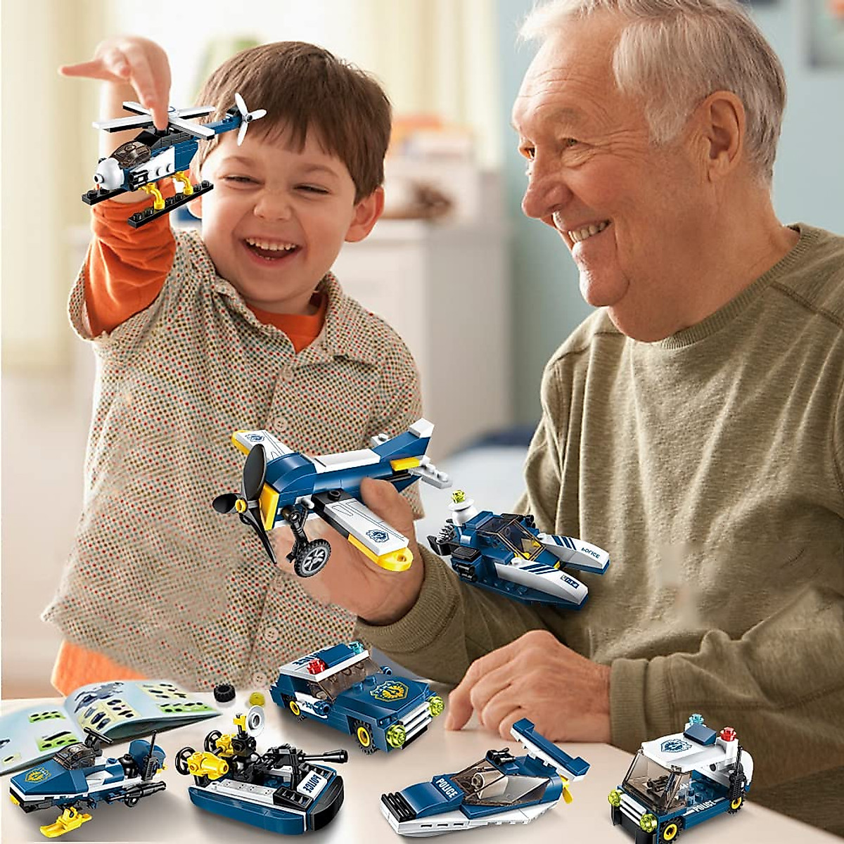 QMAN Building Blocks STEM Toy for Kids 8-in-1 City Police Helicopter Building Bricks Set Car Model Boat Building Toys for Boys and Girls Age 6+ Years Old (381 Pieces)