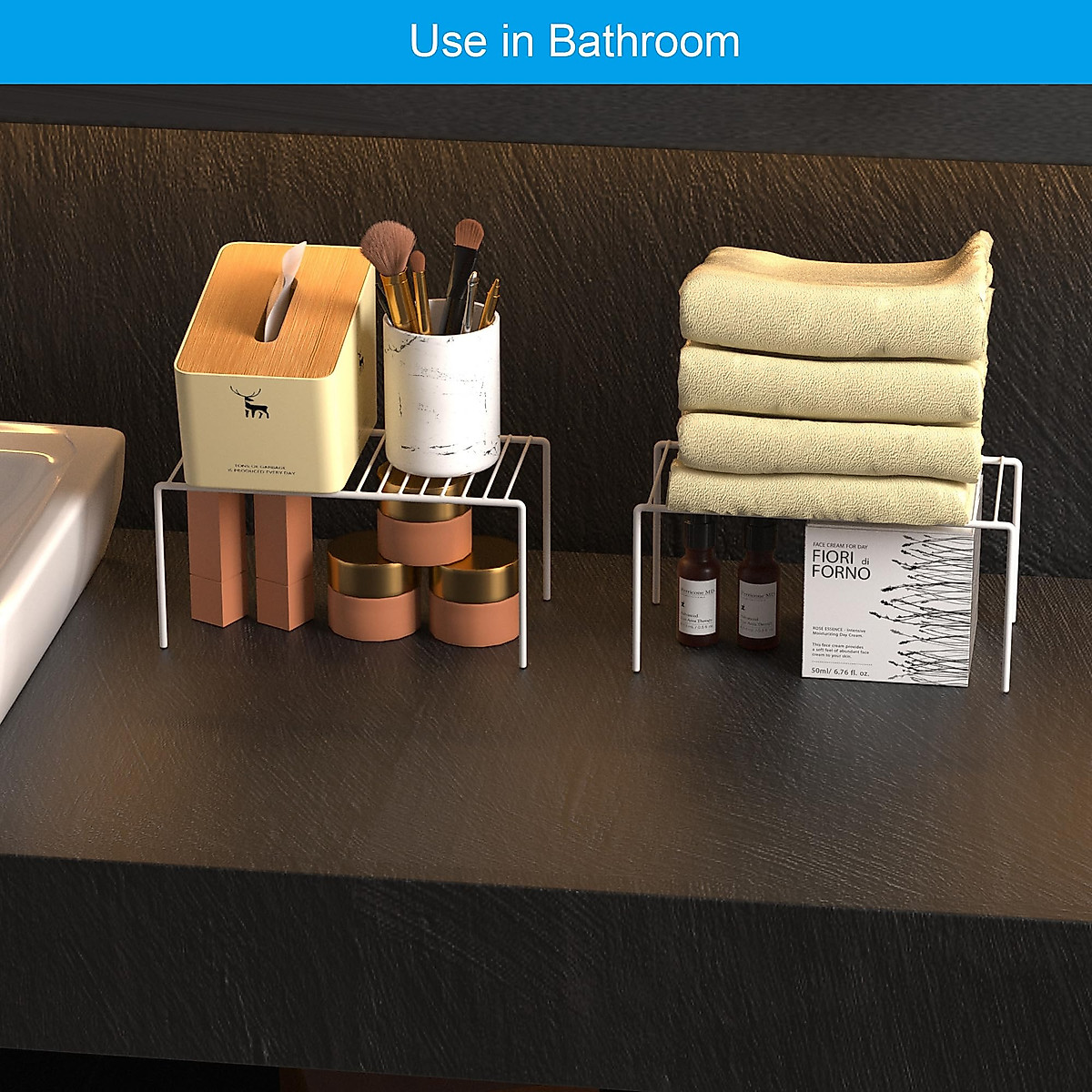 iPEGTOP Set of 2 Kitchen Cupboard Organiser Shelf, Small Size 10.6 x 5.1 Inch Freezer Cabinet Organization Storage Shelf Wire Rack, Steel Metal Shelves for Fridge Pantries Countertops Utensils -White