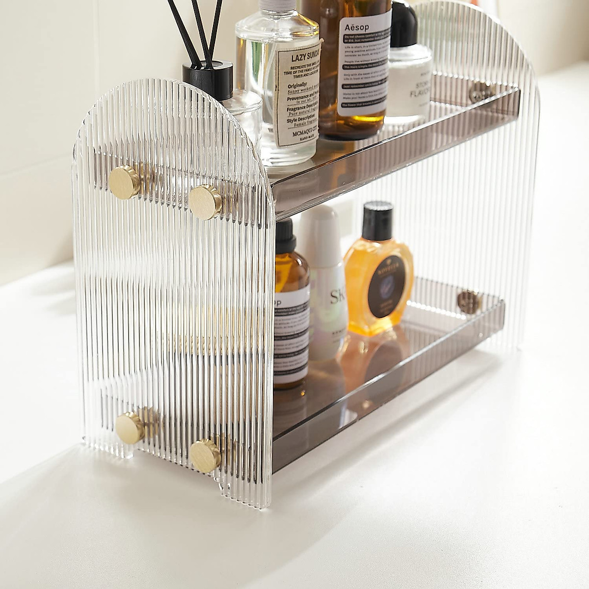 2 Tier Bathroom Countertop Organizer: Acrylic Makeup Organizer Perfume Tray Spice Rack Organization - Storage Shelf for Bathroom Kitchen Living Room Bedroom Dressing Table, Beelee