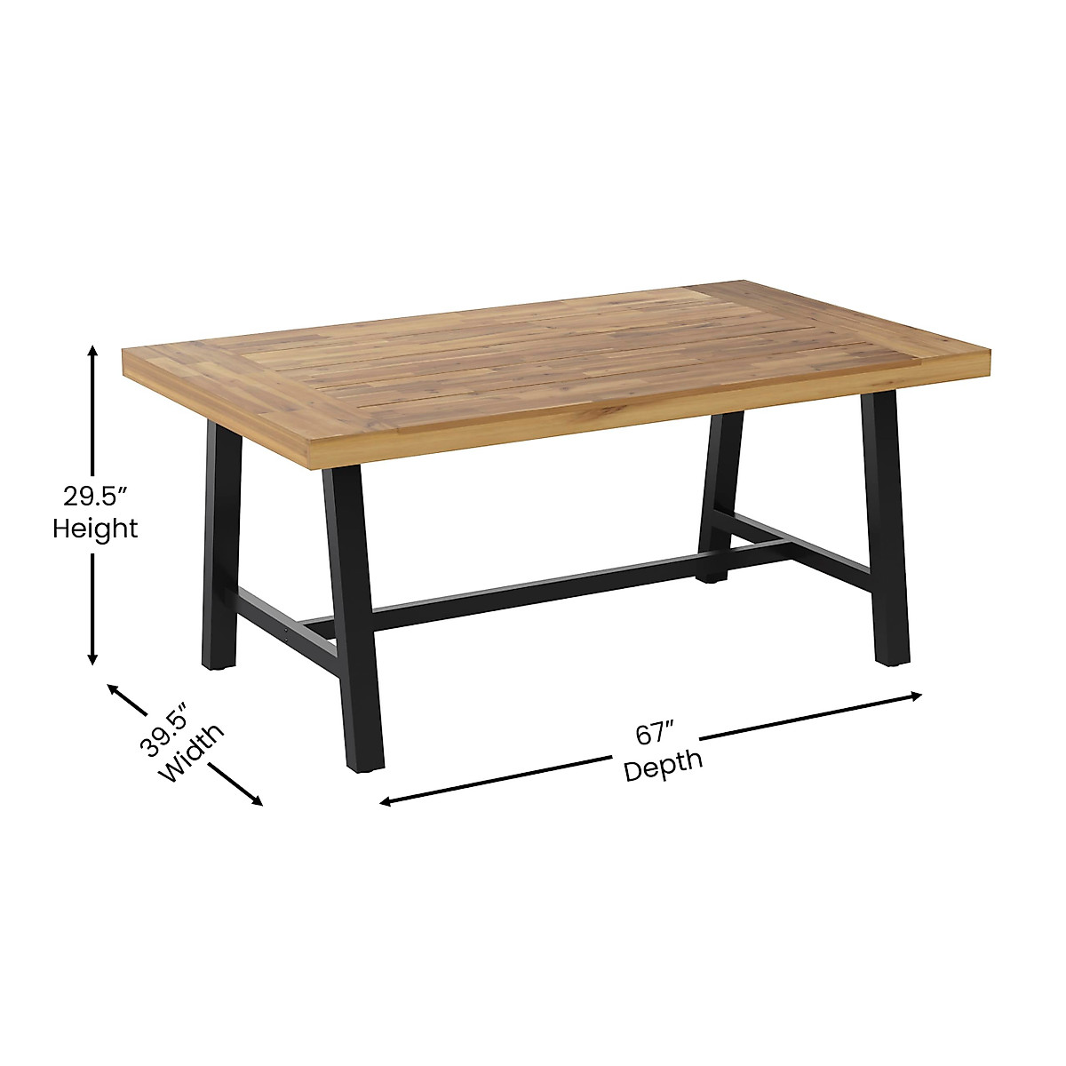 Flash Furniture Rafe Commercial Grade Acacia Wood Dining Table with Metal Base, Indoor/Outdoor Rectangle Patio Table with Plank Style Table Top, Natural/Black
