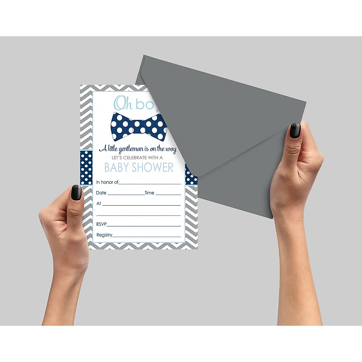 Bow Tie Baby Shower Invitations with Envelopes (15 Pack) Blank Invites for Boys Parties - Little Man Theme Blue and Grey – Blank Invite to Handwrite Custom Details - 4x6 Printed Card Set