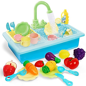 XINGYING Play Sink with Running Water, Kitchen Sink Toys for Toddlers w/Automatic Water Cycle System, Dish Rack, Cutting Food, Utensils Tableware Accessories, Kids Sink Pretend Play for Boy Girls