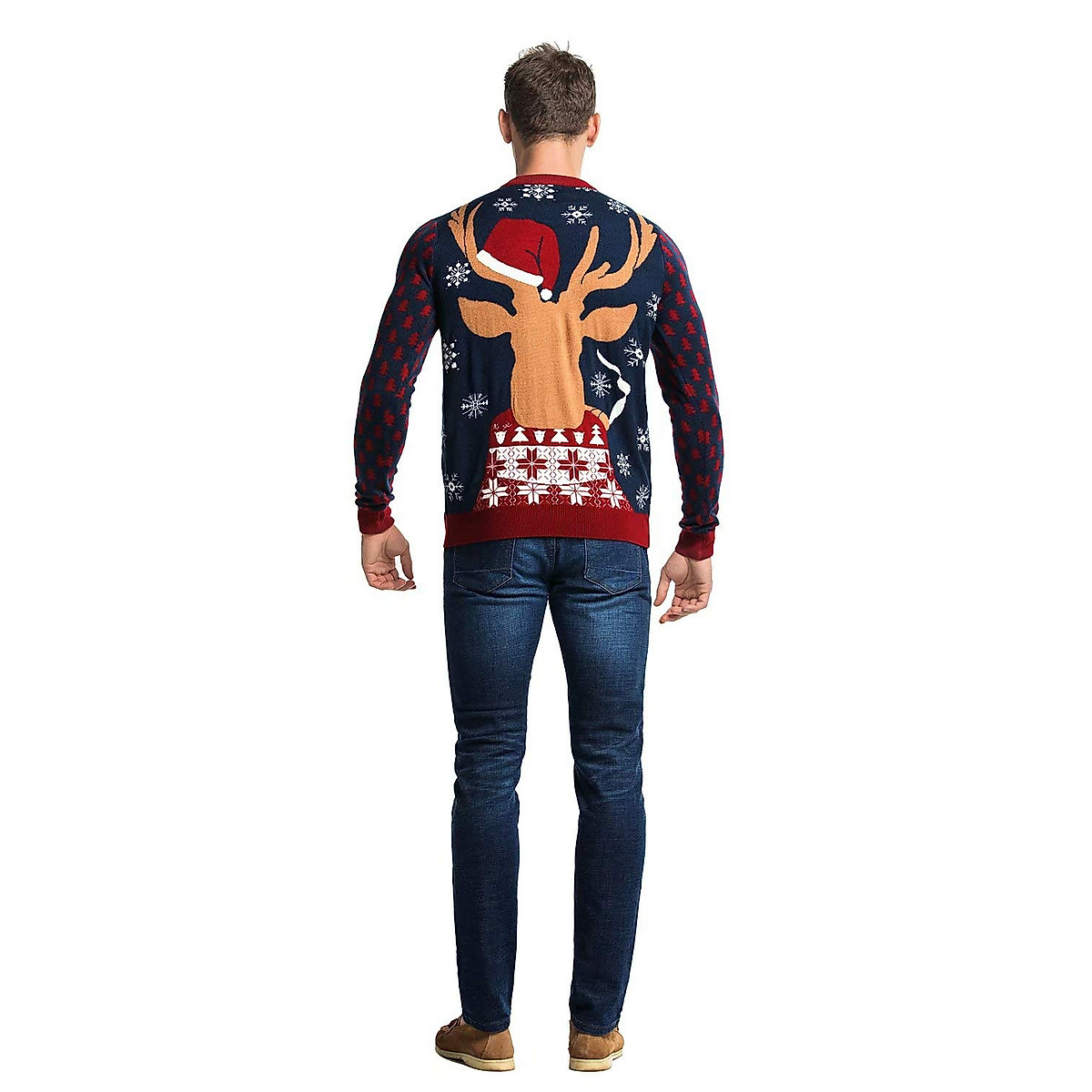 Men‘s Ugly Christmas Sweater Unisex Novelty Santa Pullover for Party Fun Reindeer with Hat Medium